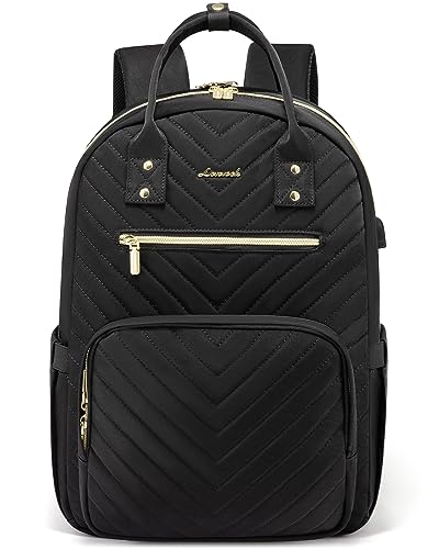 LOVEVOOK Quilted Laptop Backpack for Women, Large Capacity Travel Backpack with Luggage Strap, Stylish Women Backpack with USB Port, Waterproof Anti-Theft Work Backpack for Business Casual Black