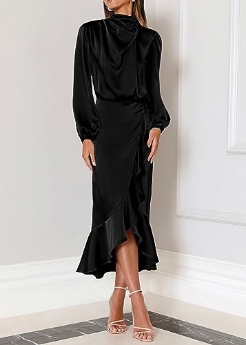 KIRUNDO Women's Fall Satin Mock Neck Wedding Guest Cocktail Midi Dress Long Sleeve Wrap Ruched Ruffle Formal Dresses(Black, Large)