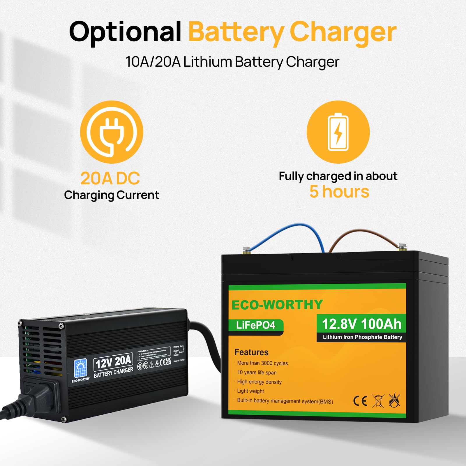 ECO-WORTHY 12V 100AH LiFePO4 Battery with 15000 Cycles, BMS - For RV, Marine, Solar Home Off-Grid System