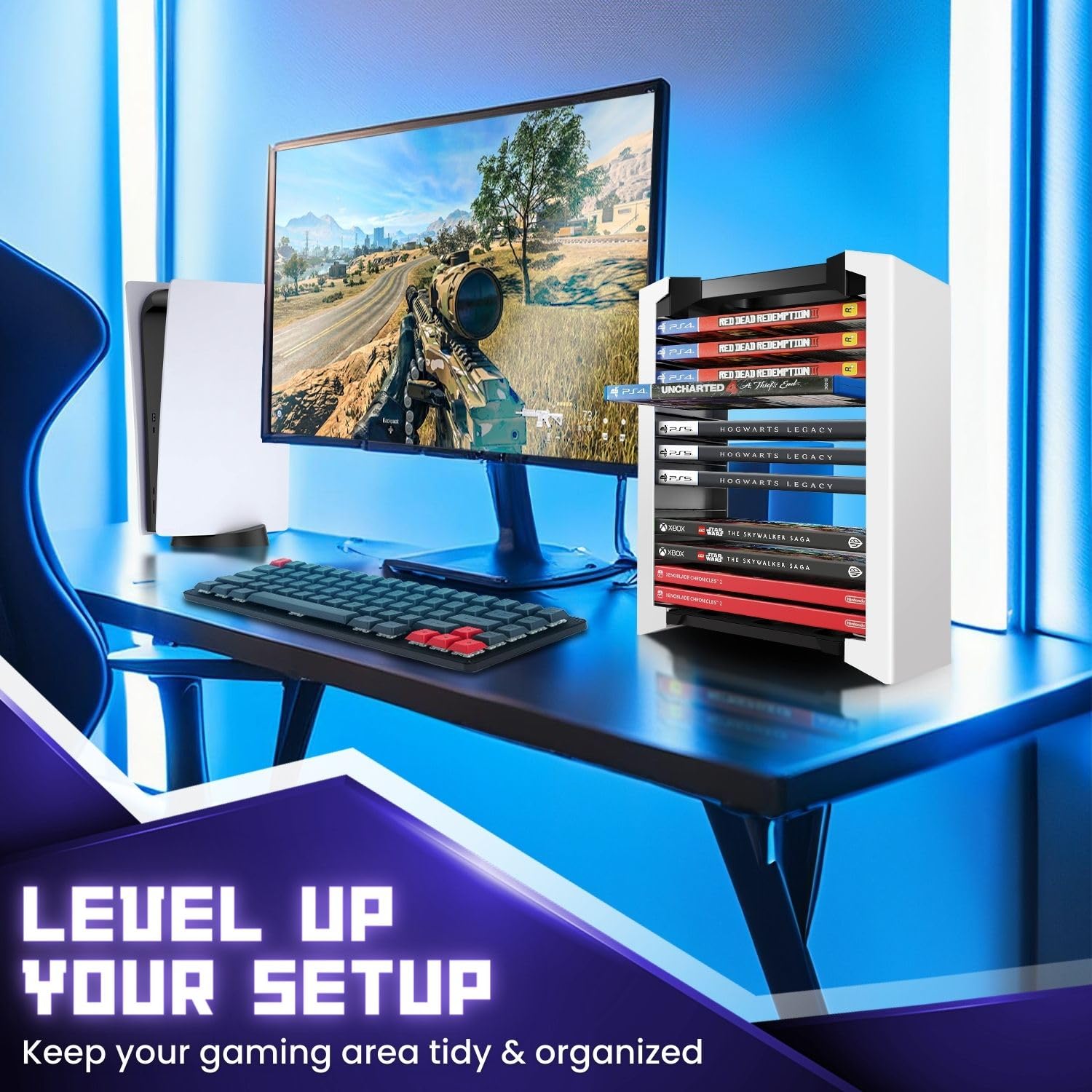 TNP Universal Video Game Storage Tower for PS5, PS4, PS3, Nintendo Switch, Xbox One, Xbox Series S/X - White Video Game Holder Organizer Stand with 12 CD Case Storage for Organizing & Displaying