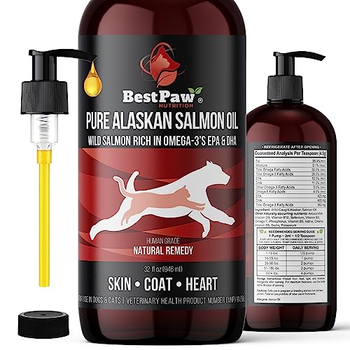 Pure Wild Alaskan Salmon Oil for Dogs & Cats Skin and Coat - Fish Oil Liquid with Pump - Supports Joint Function, Immune & Heart Health - Omega 3 Liquid Food Supplement - All Natural EPA + DHA - 32oz