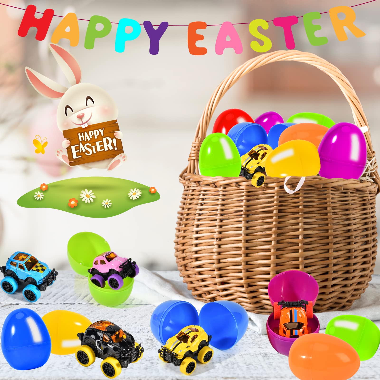 Easter Eggs with Die-cast Cars for Easter Egg Hunt, Easter Egg Filled with Pull Back Monster Car Trucks for Kids Easter Party Favor, Easter Basket Stuffer, Easter Prizes Rewards for Boys Kids,12 Pack