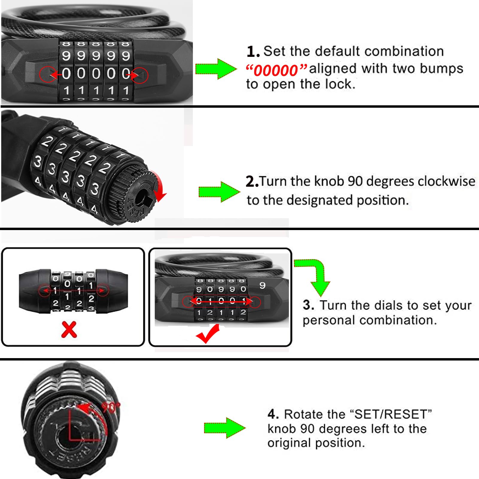 Bike Lock Cable, Anti Theft Bicycle Lock Chain, Bike Combination Lock 5 Digit Security Resettable Self Coiling Combination Cable Combo Bike Locks with Mounting Bracket, 4 Feet x 1/2 Inch (Black)