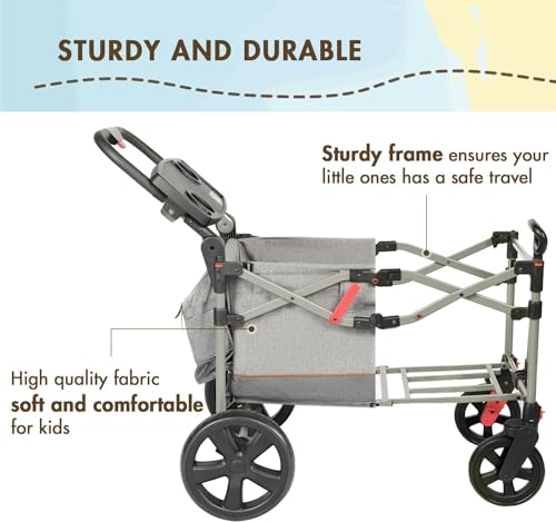 Busy Bee Foldable Wagon Stroller for 2 Kids, Push Pull Collapsible Kids Wagon with Adjustable Handle Bar, Removable Canopy, 5-Point Harness, Shock-Absorbing Wheels, Grey