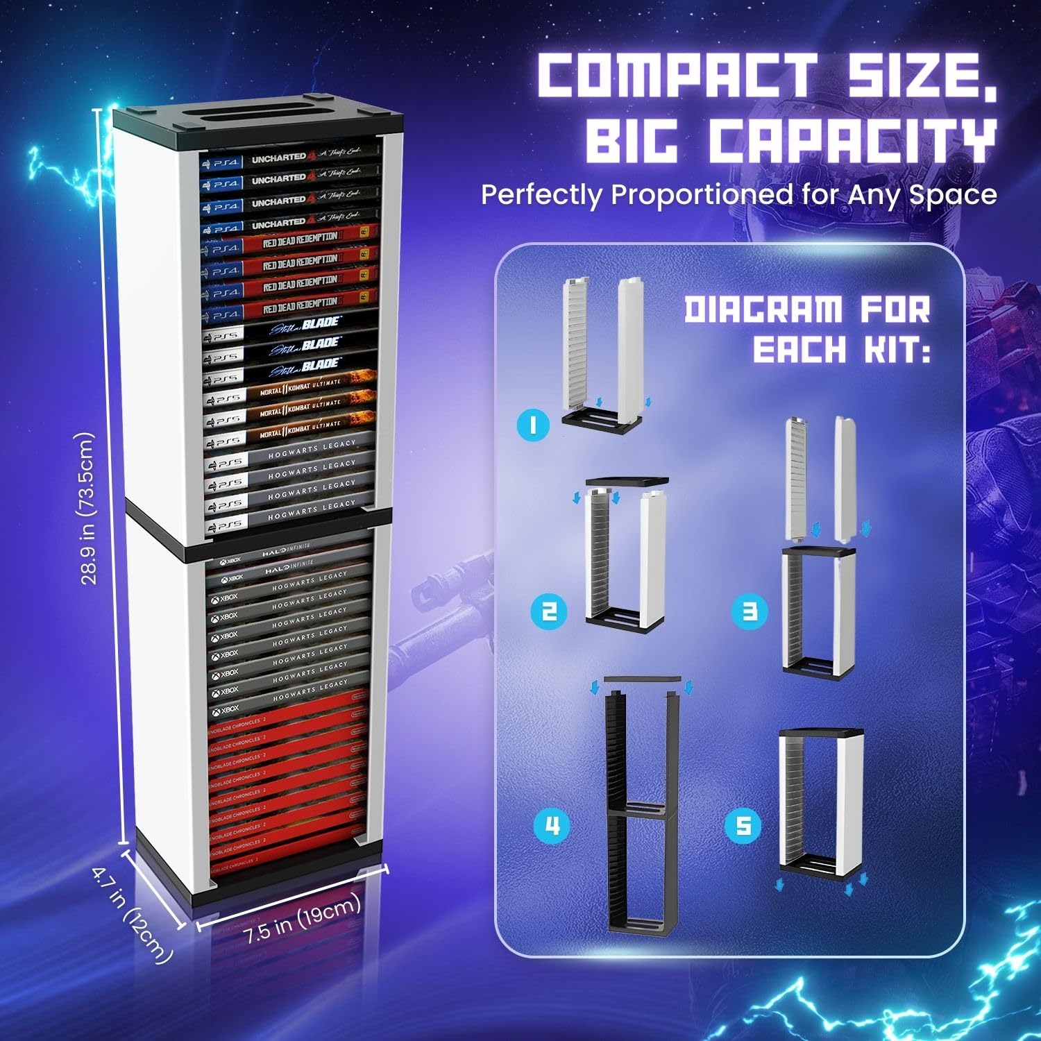 TNP Universal Video Game Storage Tower for PS5, PS4, PS3, Nintendo Switch, Xbox One, Xbox Series S/X - White Video Game Holder Organizer Stand with 36 CD Case Storage for Organizing & Displaying