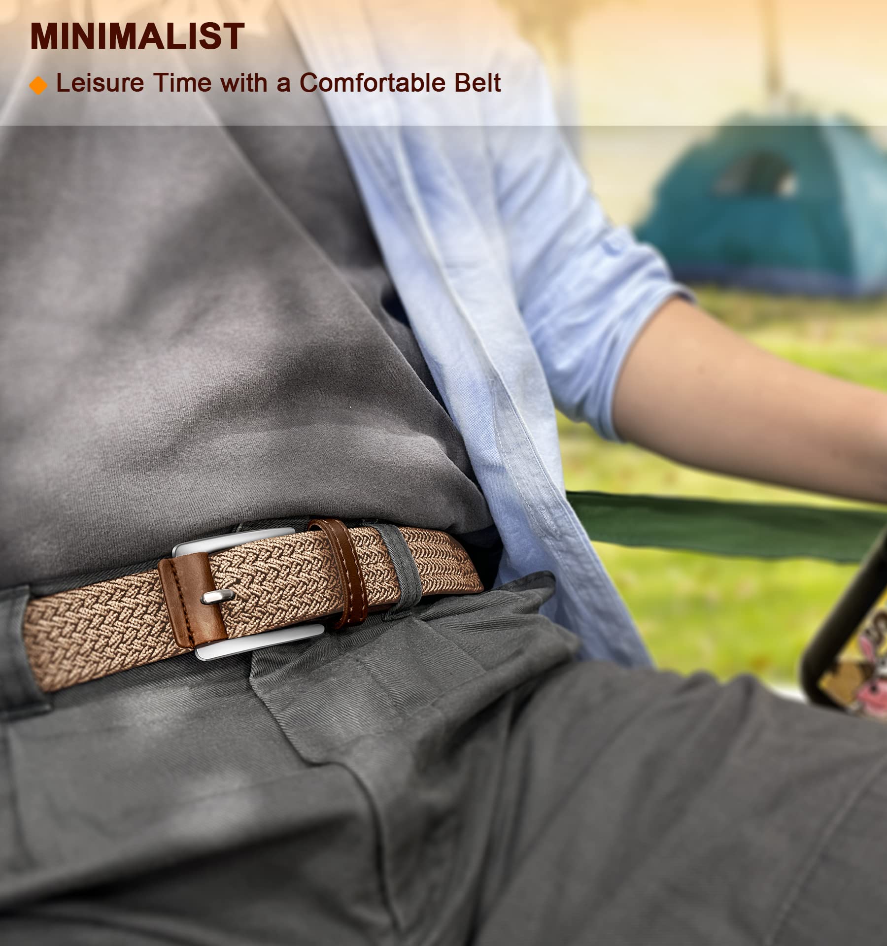 BULLIANT Stretch Belt Men,Mens Gift Woven Braided Web Belt 1 3/8 for Golf Casual Pants Shirts Jeans(Beige,46"-50" Waist Adjustable)