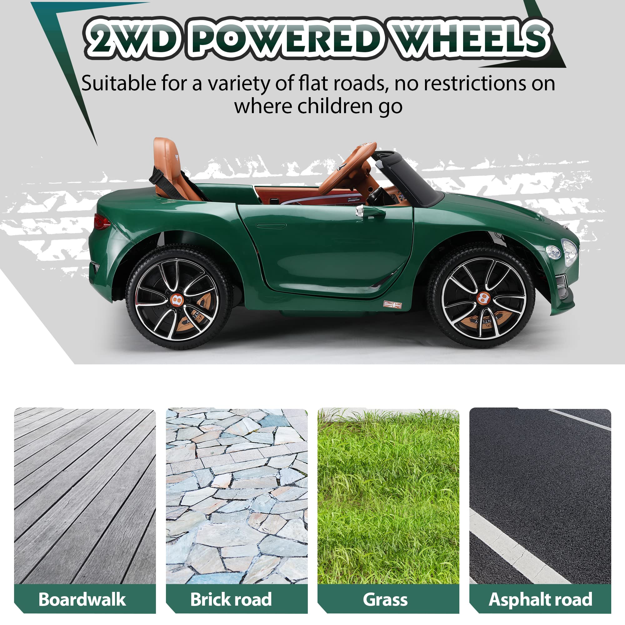 Tobbi 12V Licensed Bentley Electric Kids Ride On Racer Cars Toy Battery Powered Vehicle with Remote Control 3 Speeds MP3 USB in Blackish Green