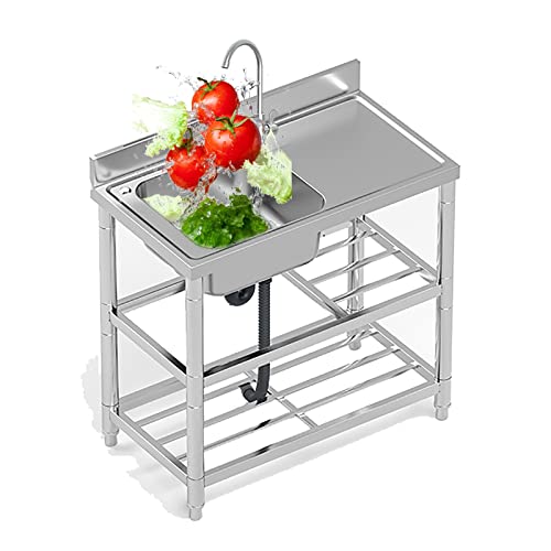 Stainless Steel Kitchen Sink Outdoor Utility Sinks Free Standing Catering Commercial Sink with Faucet and Workbench and Storage Shelves for Farmhouse Cloakroom Restaurant. ( Color : Cold alone Left ,