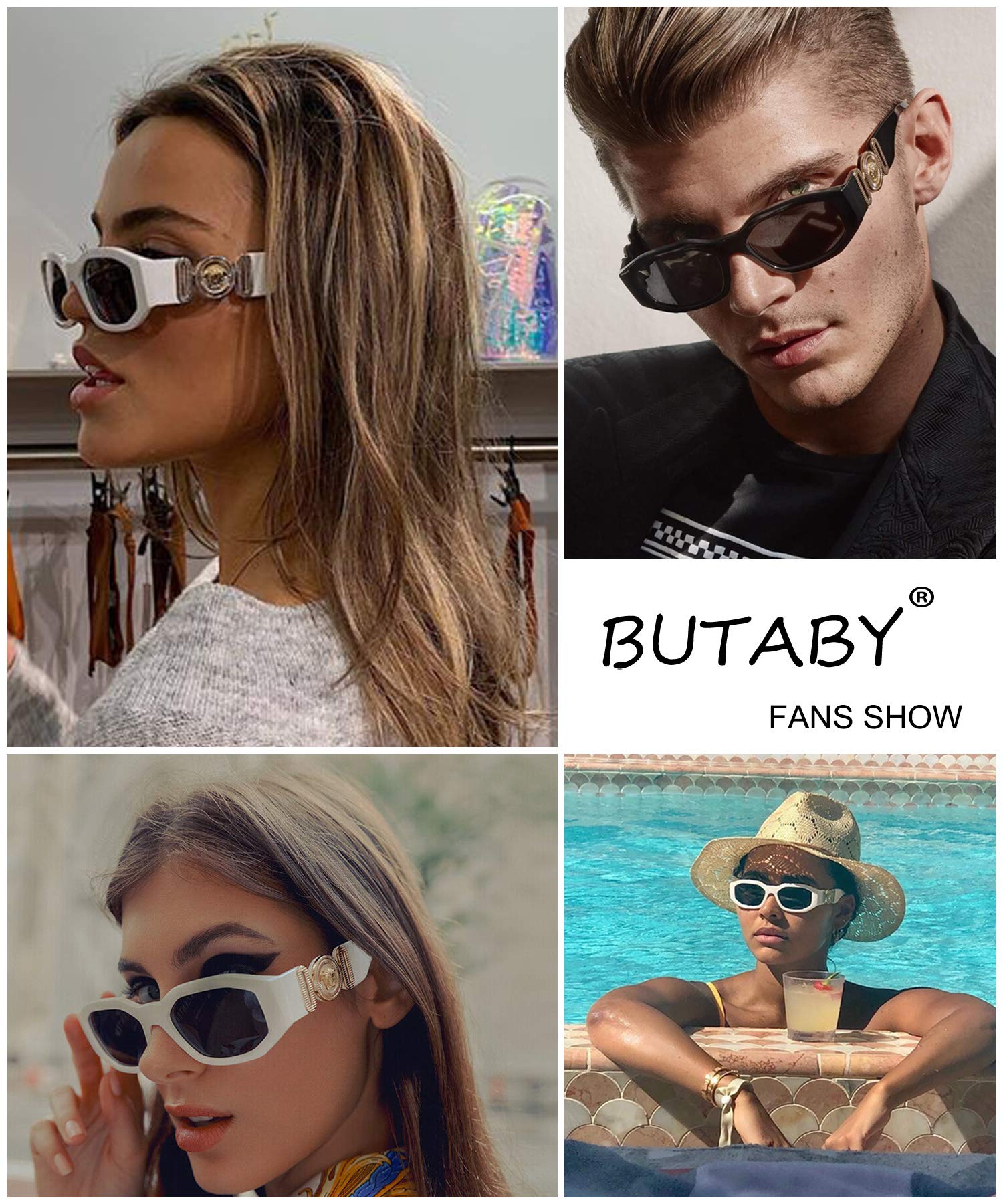 BUTABY Rectangle Sunglasses for Women Retro Driving Glasses 90’s Vintage Fashion Irregular Frame UV400 Protection Black & White