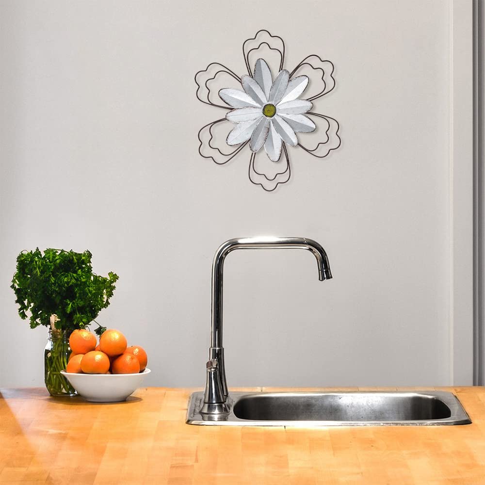 YEAHOME Metal Flower Wall Decor - 11 inch Wall Art Decorations Spring Yard Garden Rustic Farmhouse Home Decor Aesthetic for Bathroom, Bedroom, Kitchen, Outdoor Patio Garden Decor(Galvanized 1)