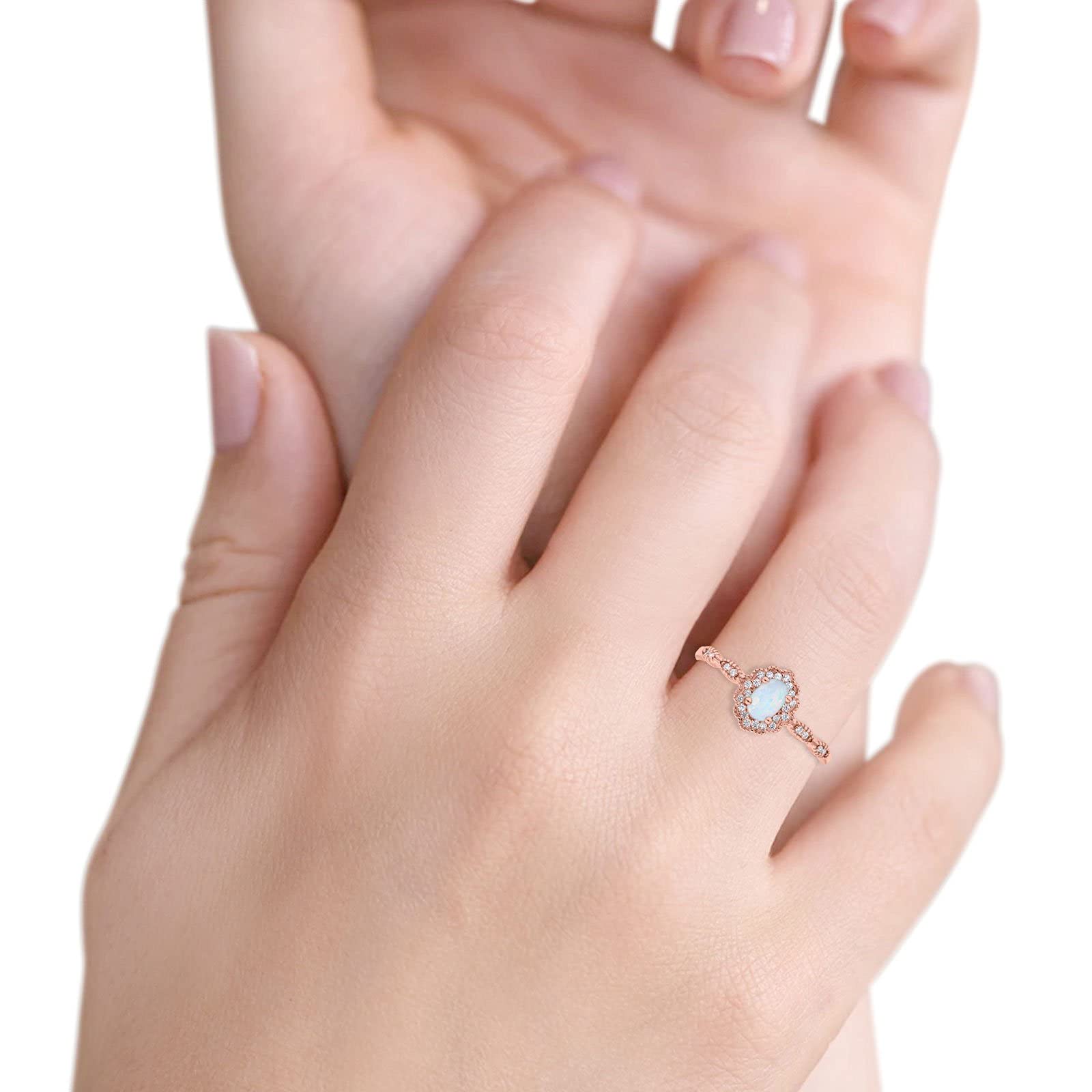 Blue Apple Co. Halo Art Deco Oval Wedding Engagement Bridal Ring Round Rose Tone, Lab White Opal 925 Sterling Silver Size-10