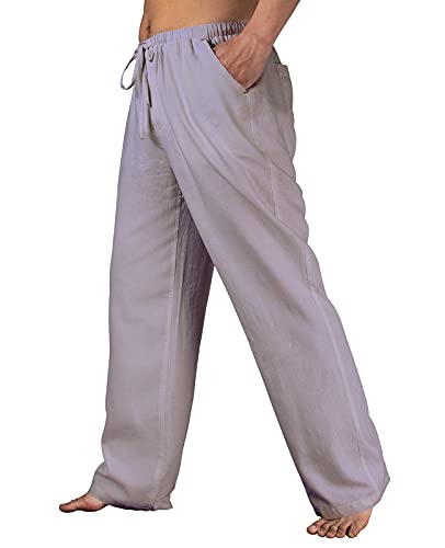 Men's Drawstring Loose Linen Beach Pants Lightweight Elastic Waist Yoga Lounge Cotton Trousers Pajamas (Grey, Large)