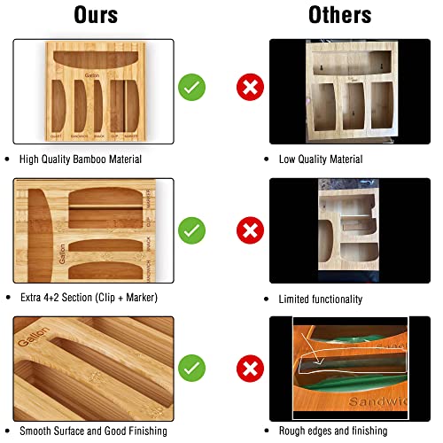 More2Store Ziplock Bag Storage Organizer Bamboo 6 in 1 Food Baggie Dispenser for Kitchen Drawer - Compatible with Gallon, Quart, Sandwich, Snack, Clip, and Marker