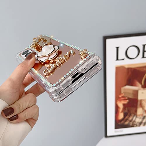 Omio for Samsung Galaxy Z Fold 3 5G Mirror Case with Crossbody Lanyard Luxury 3D Sparkle Crystal Diamond Bling Glitter Cute Slim Makeup Hard PC Phone Case for Galaxy Z Fold 3 Women Girls, Gold