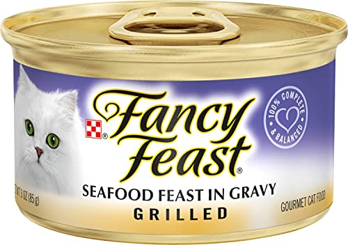 Fancy Feast Gravy Grilled Wet Cat Food Variety Packs Include Chicken, Seafood, & Beef Feast in Gravy Adult Bundle Collection Gluten-Free Protein (Pack of 18)