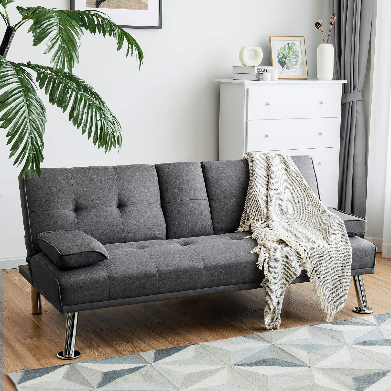KOMFOTT Upholstered Futon Sofa Bed, Linen Futon Sofa Couch with Adjustable Backrest & Removable Armrests, 2 Cup Holders, Convertible Sleeper Sofa Love Seat for Living Room Apartment (Dark Gray)