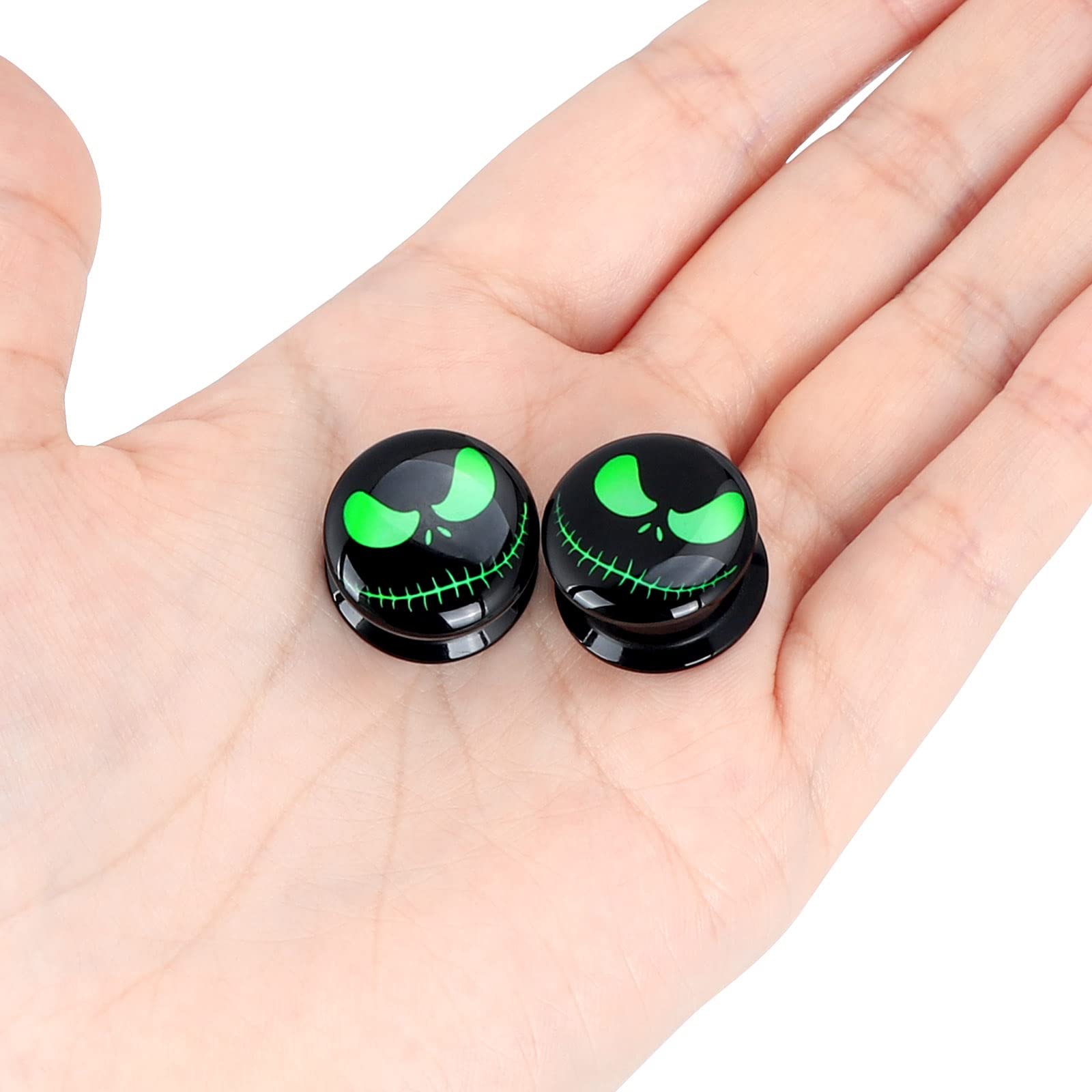 DERALA 2pcs Ear Plugs Acrylic Ear Gauges Expander Double Flare Halloween Ghost Eyes Piercing Jewelry 00g 10mm Green