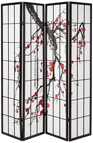 Roundhill Furniture Black Japanese 4-Panel Screen Room Divider, Plum Blossom