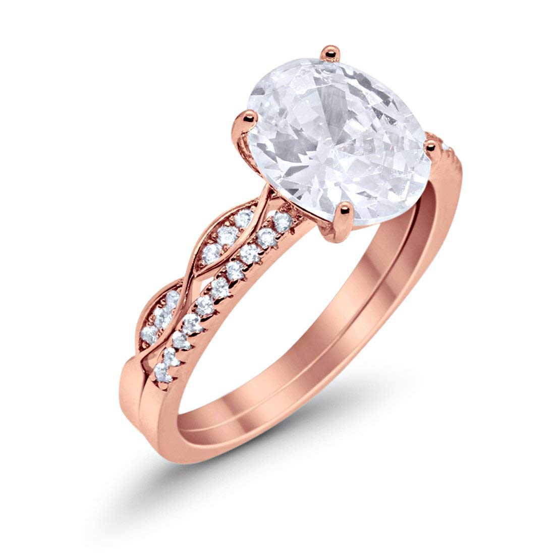 Blue Apple Co. Rose Tone Round CZ 925 Sterling Silver Size-4 Two Piece Art Deco Bridal Set Wedding Engagement Ring Band Oval Round Simulated Cubic Zirconia