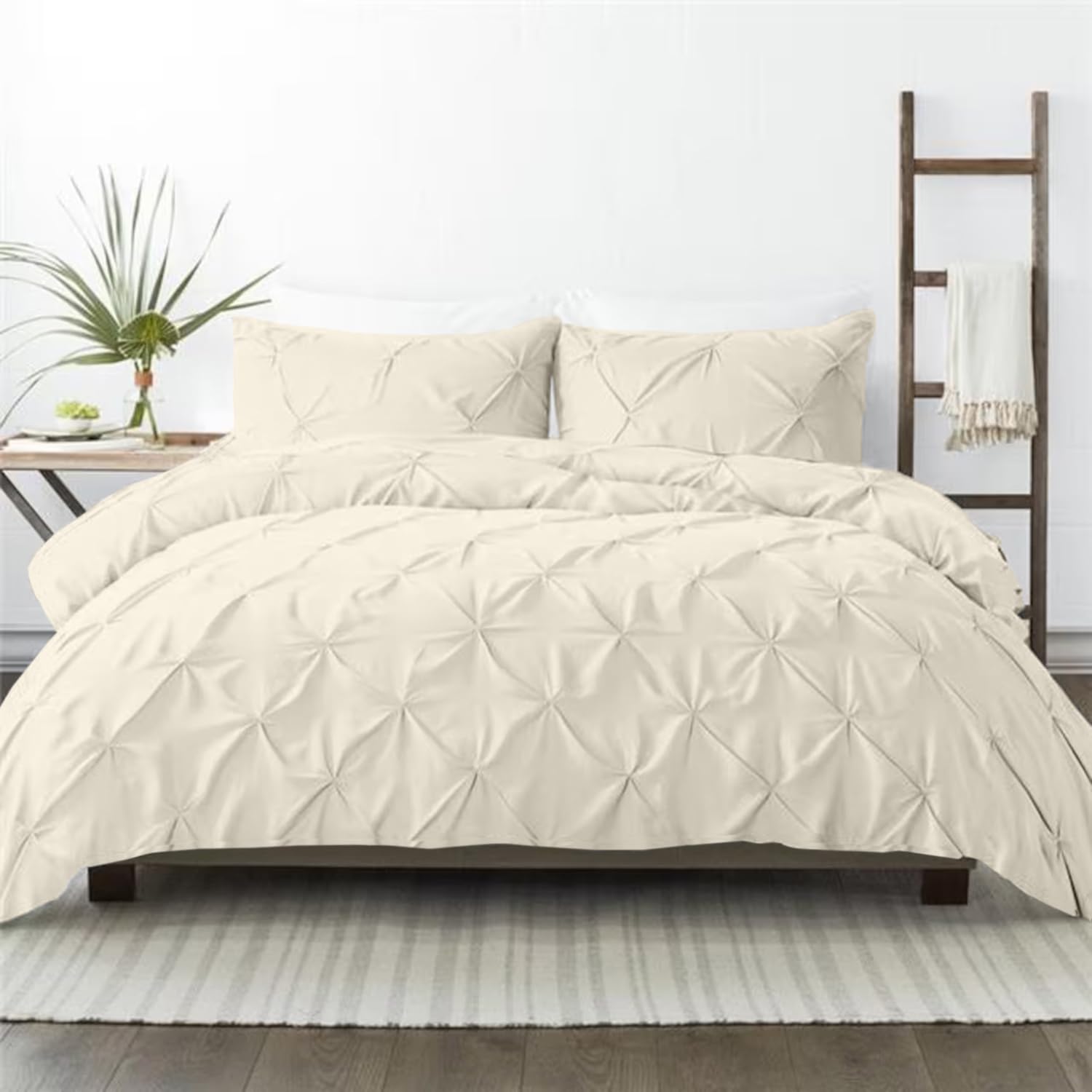 Kotton Culture 600 Thread Count Pinch Pleated 3 Piece Duvet Cover Set 100% Egyptian Cotton Breathable All Season Comforter Cover with Zipper Closure & Corner Ties (Cream, Oversized King)