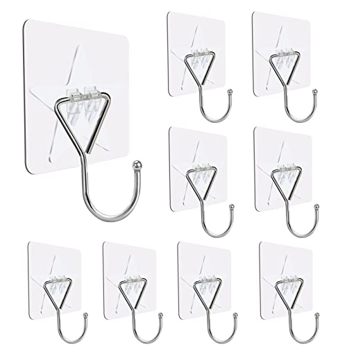 KAKAMINA 20 Pack Large Adhesive Hooks 44Ibs(Max), Large Size Wall Hooks for Hanging Heavy Duty, Transparent Wall Hangers Waterproof and Rustproof for Bathroom,Kitchen Home and Office