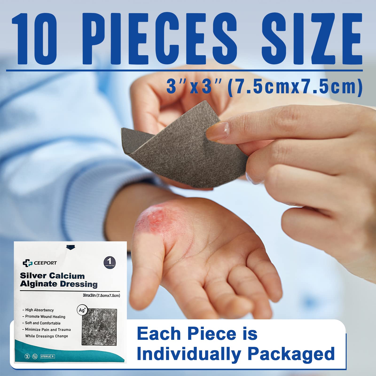 Ceeport Ag Silver Calcium Alginate Wound Dressing Pads 3'' x 3'' (Pack of 10), Soft Highly Absorbent Silver Wound Dressing, Non-Adhesive Dressing for Wound Care, Painless Removal Gauze Pads for Wounds