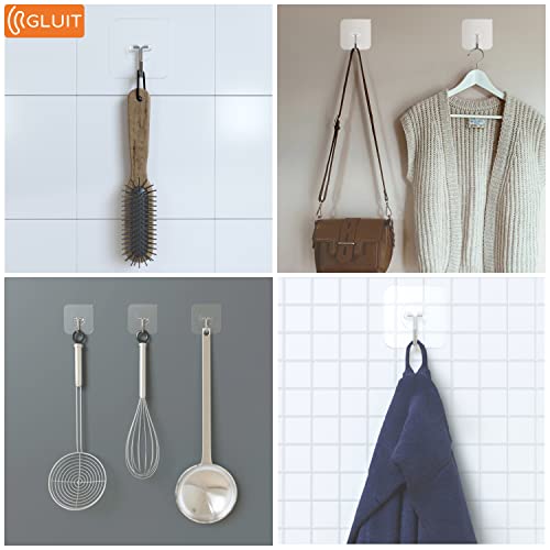 GLUIT Adhesive Hooks Medium 12 Pack and Large 12 Pack for Hanging Heavy Duty Wall Hooks 22 lbs Self Adhesive Towel Hook Waterproof Transparent Hooks for Keys Bathroom Shower Outdoor Kitchen