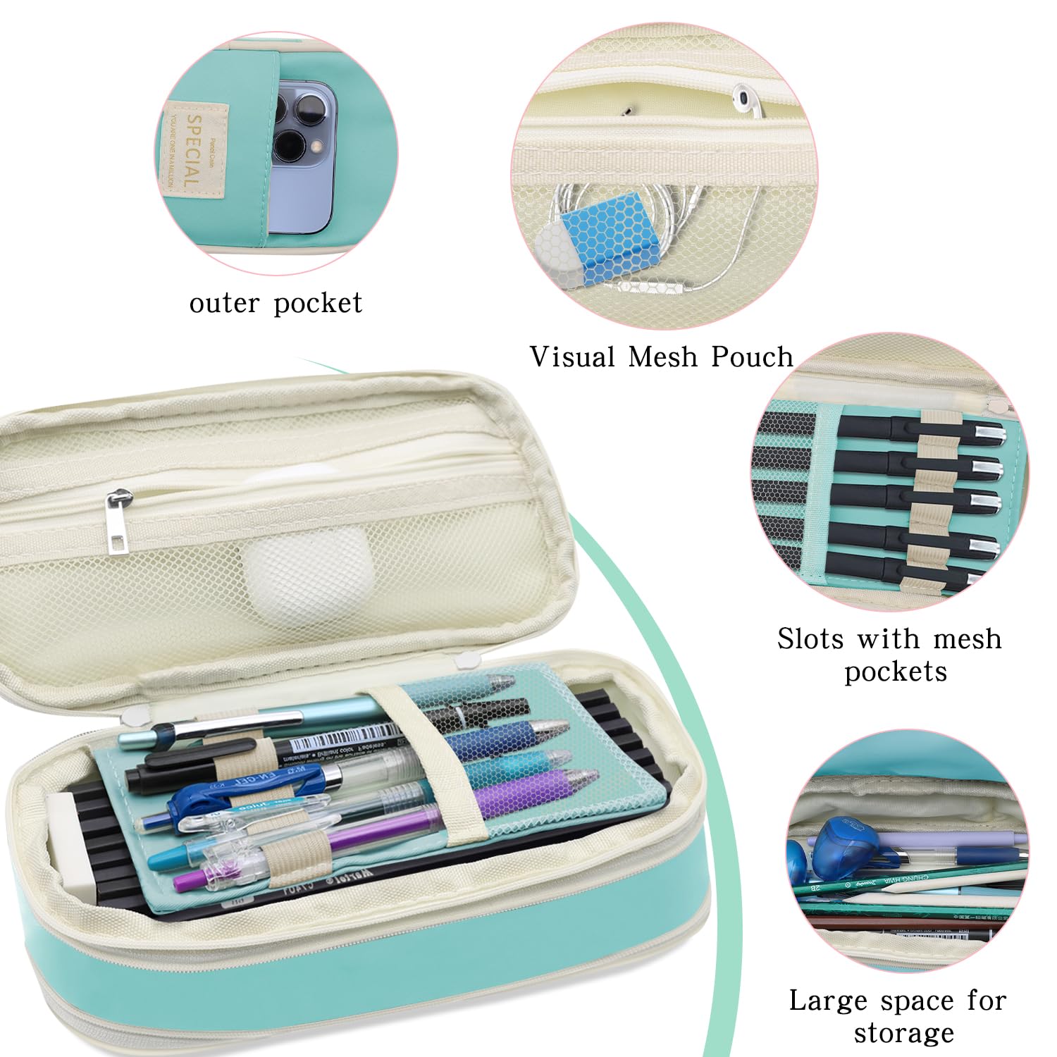 Eliamo Large Capacity Pencil Case with Zipper for Office and School, Pen Bag for Students and Adults for School Supplies Storage or Cosmetic Storage, Blue