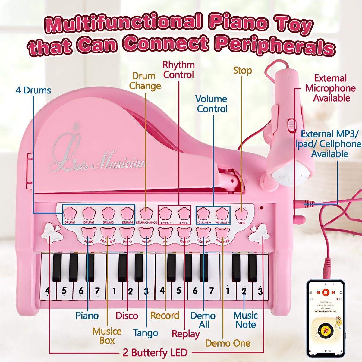 Toddler Piano Keyboard Toy - Toy Piano for 1 2 3 Years Old Girls Birthday Gift Piano Multi Functional Musical Toy with Microphone
