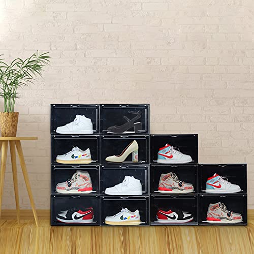 OMOPIN XL Shoe Storage Box,Drop Side Shoe Box,8 Pack Shoe Containers,Sneaker Display Case,Shoe Boxes Clear Plastic Stackable size13.4βx 10.6βx 8.3β Fit up to US 13 (Black 8 Pack)