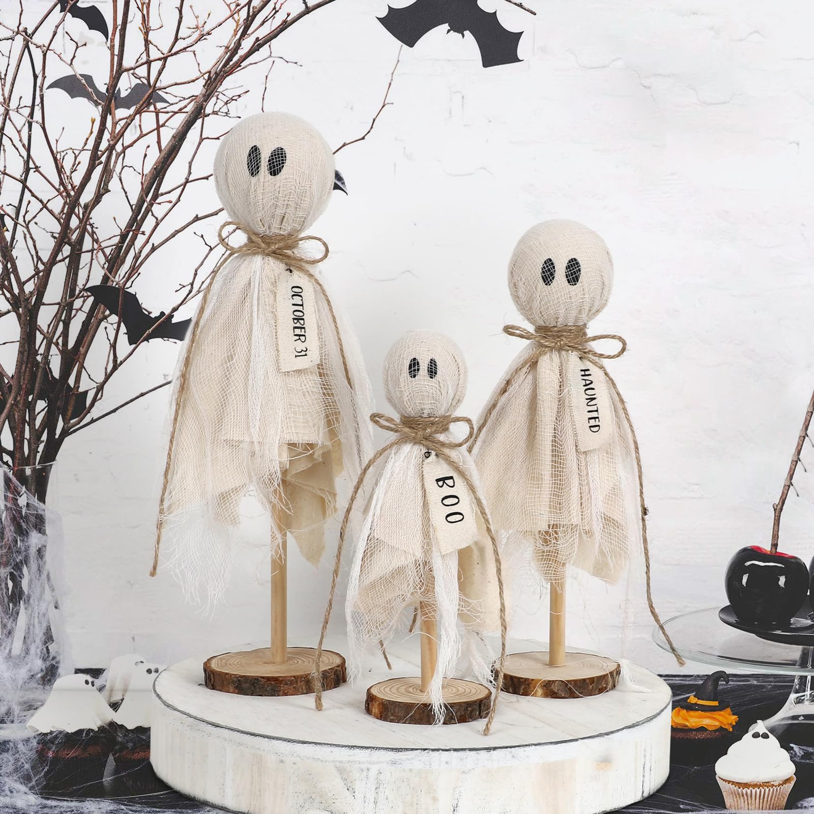 DAZONGE Halloween Decorations Indoor - Set of 3 Primitive Halloween Ghosts on Wooden Stand for Table Centerpieces, Shelves, and Mantels - Spooky Halloween Decor