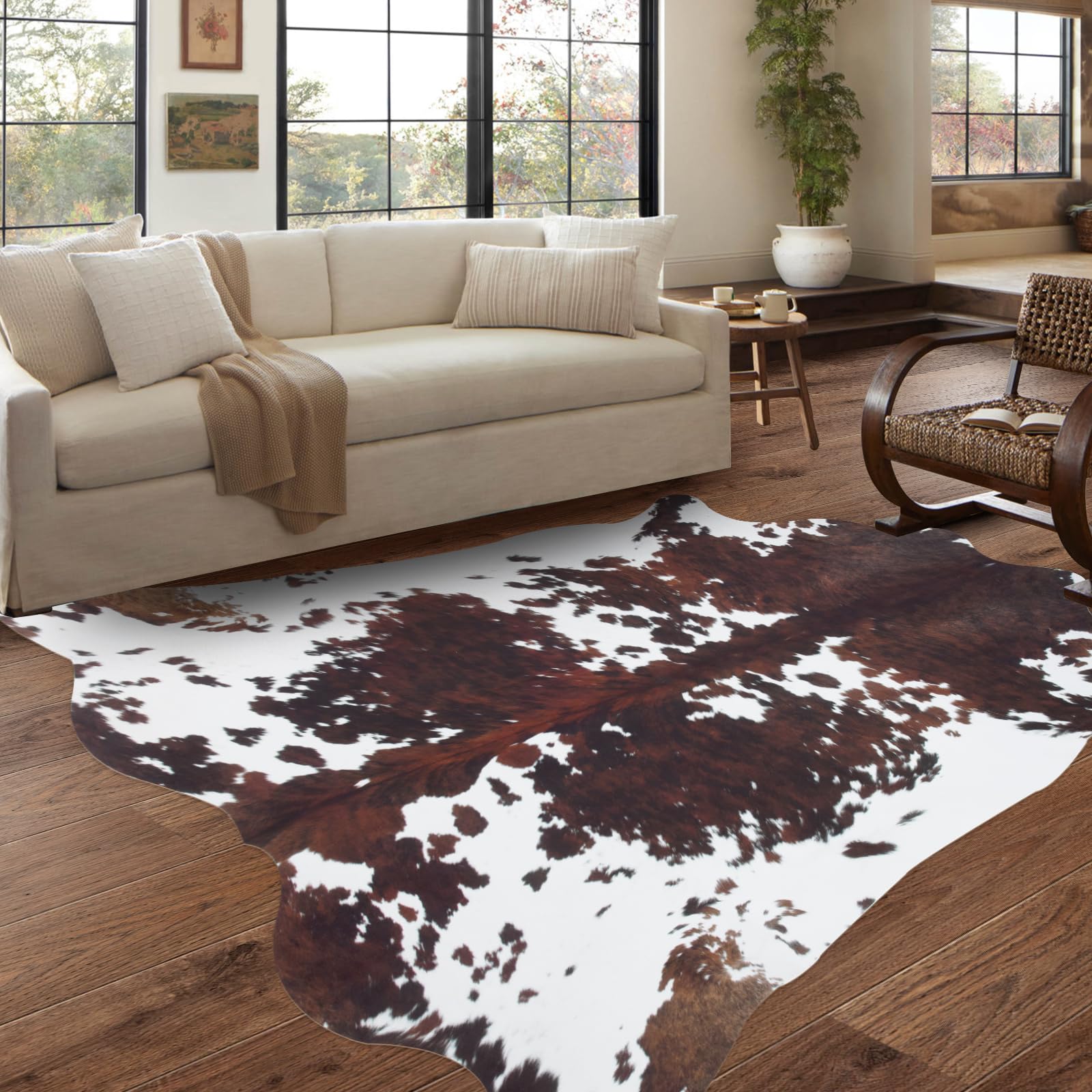 Guyekobe Cowhide Rug 5.2X4.6 ft Cow Print Rug Animal Print Area Rugs for Western Decor Western Rugs for Living Room Bedroom Decor Durable Non-Slip Cow Hide