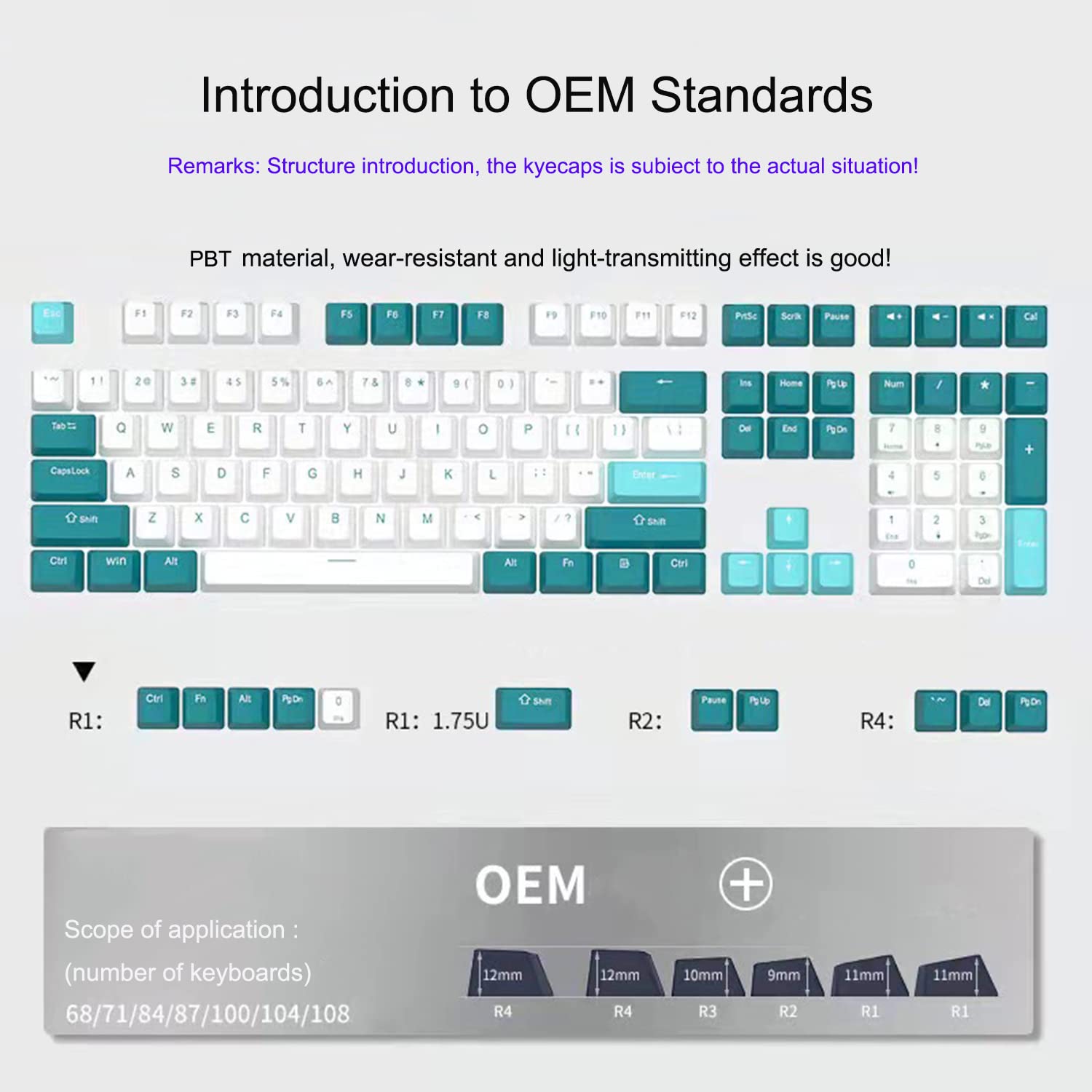Buzhi PBT Pudding Keycaps for DIY Cherry MX RGB Gaming Mechanical Keyboard Doubleshot OEM Profile 104 Key Set (White)