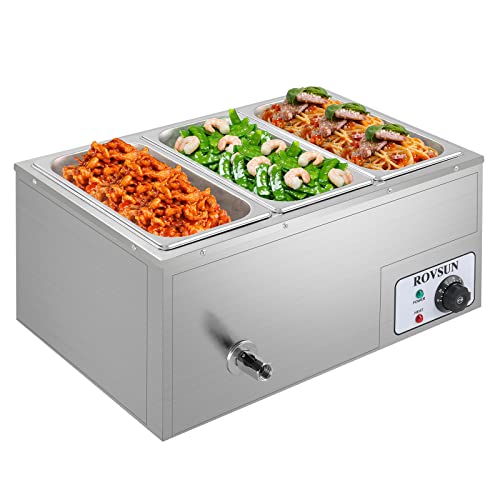 ROVSUN 21QT 3-Pan Electric Commercial Food Warmer, 110V Stainless Steel Bain Marie Buffet, 6.9 QT/Pan Stove Steam Table with Temperature Control & Lid for Parties, Catering, Restaurants