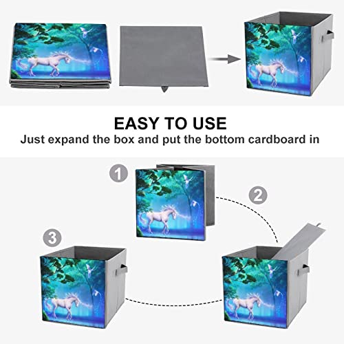 Fantasy Unicorn Forest Foldable Storage Bins Printd Fabric Cube Baskets Boxes with Handles for Clothes Toys, 11x11x11
