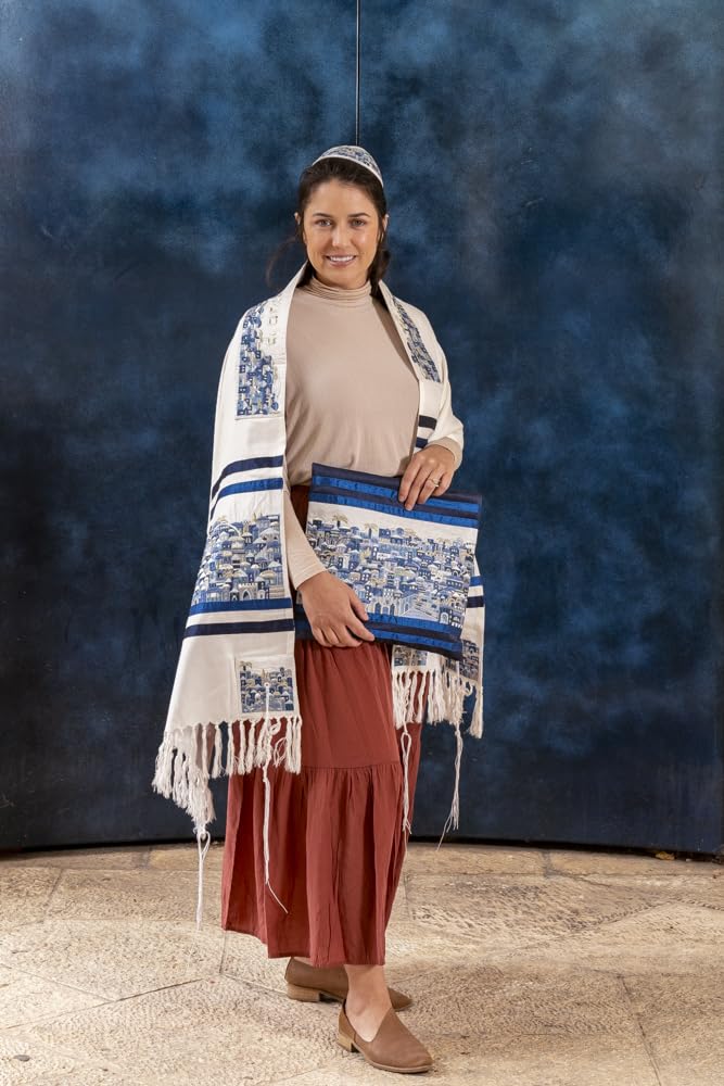 Yair Emanuel Premium Tallit Silk Embroidered Jerusalem Vista | Blue and White Tallis Prayer Shawl