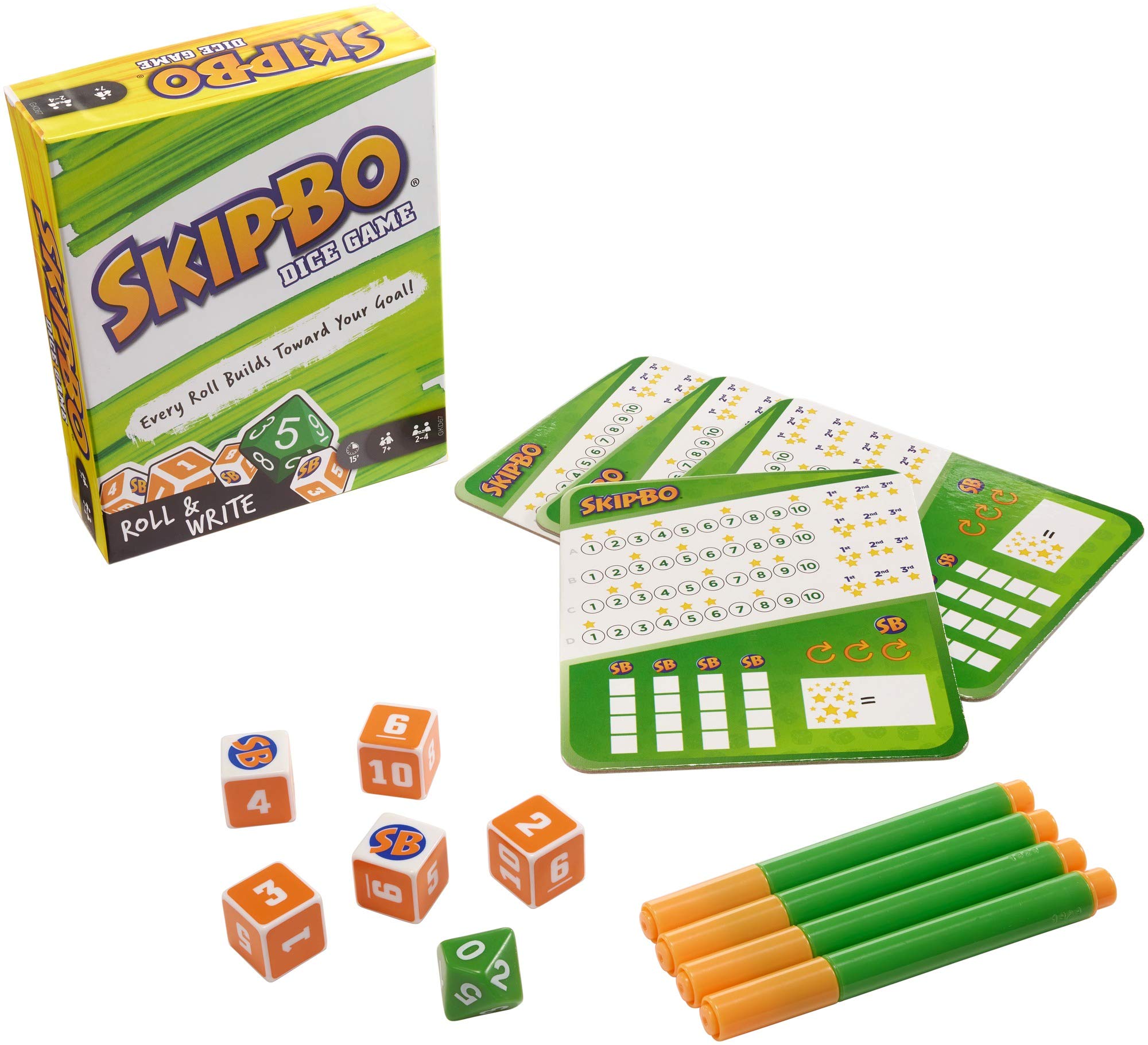 Mattel Games Skip-Bo Roll & Write Family Dice Game with Dry Erase Boards and Markers for 7 Years Old and Up, Multicolor