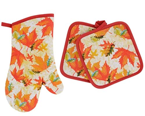 Combined Fall Kitchen Pot Holder and Mitt - Autumn Oven Mitt and Pot Holder Set - Maple Leaves -3 Items