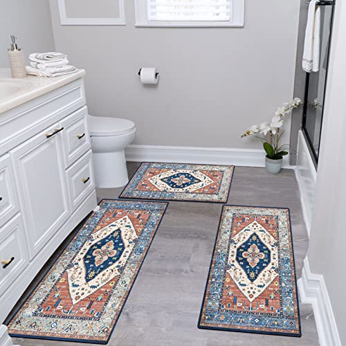 Pauwer Boho Kitchen Rugs Sets of 3 Farmhouse Kitchen Runner Rugs and Mats Non Skid Washable Kitchen Mats for Floor Cushioned Waterproof Kitchen Floor Mat Laundry Room Area Rug Runner Carpet