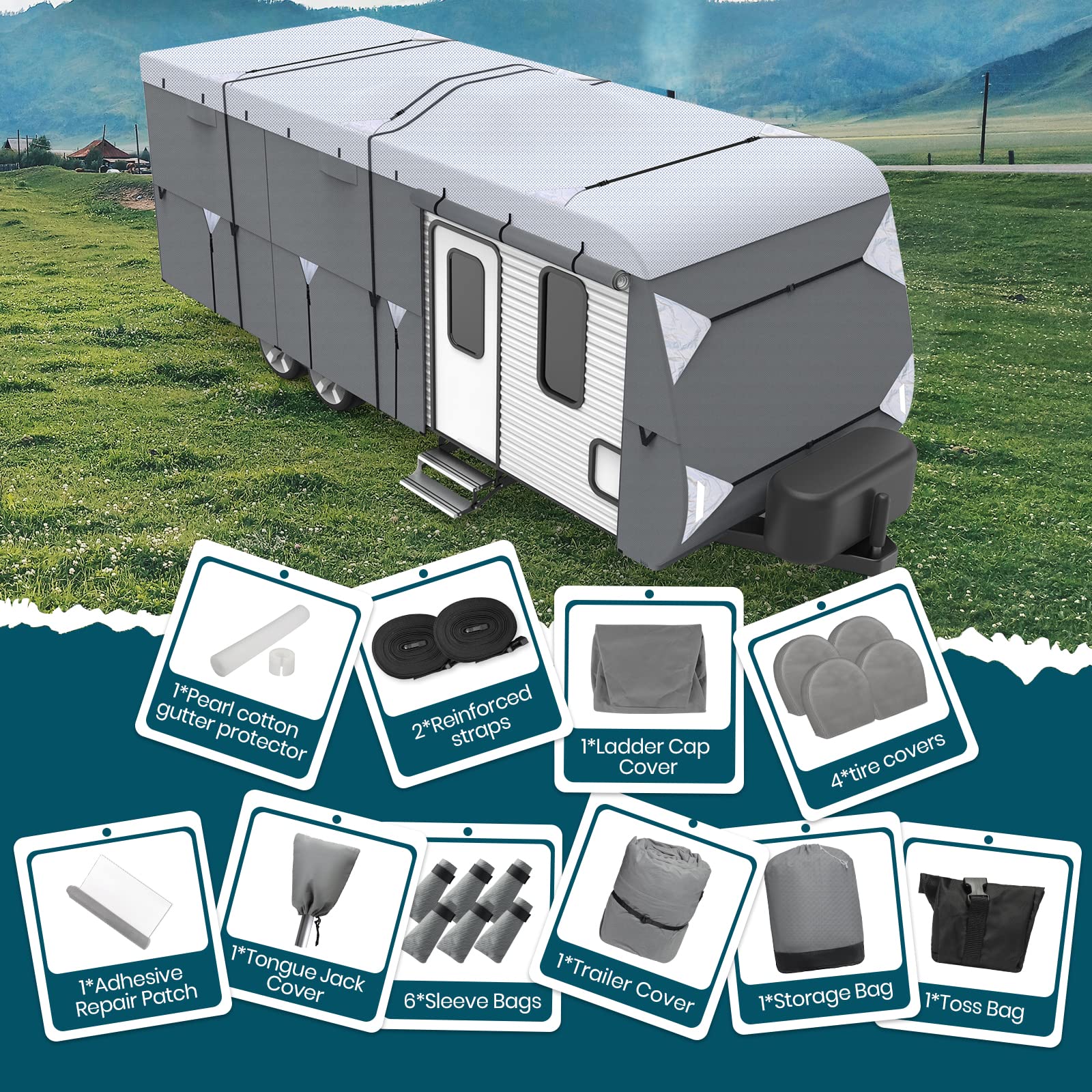XGEAR RV Cover Travel Trailer Covers Fits 27'-30' Rv Trailer, Durable Premium Solar Shield Camper Cover with 4 Tire Covers, Repair Patches, 2 Extra Straps