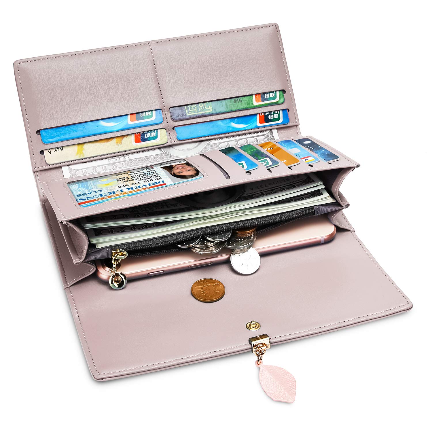 YALUXE Wallet for Women RFID Blocking Genuine Leather Leaf Pendant Snap Card Holder Organizer Zipper Coin Purse