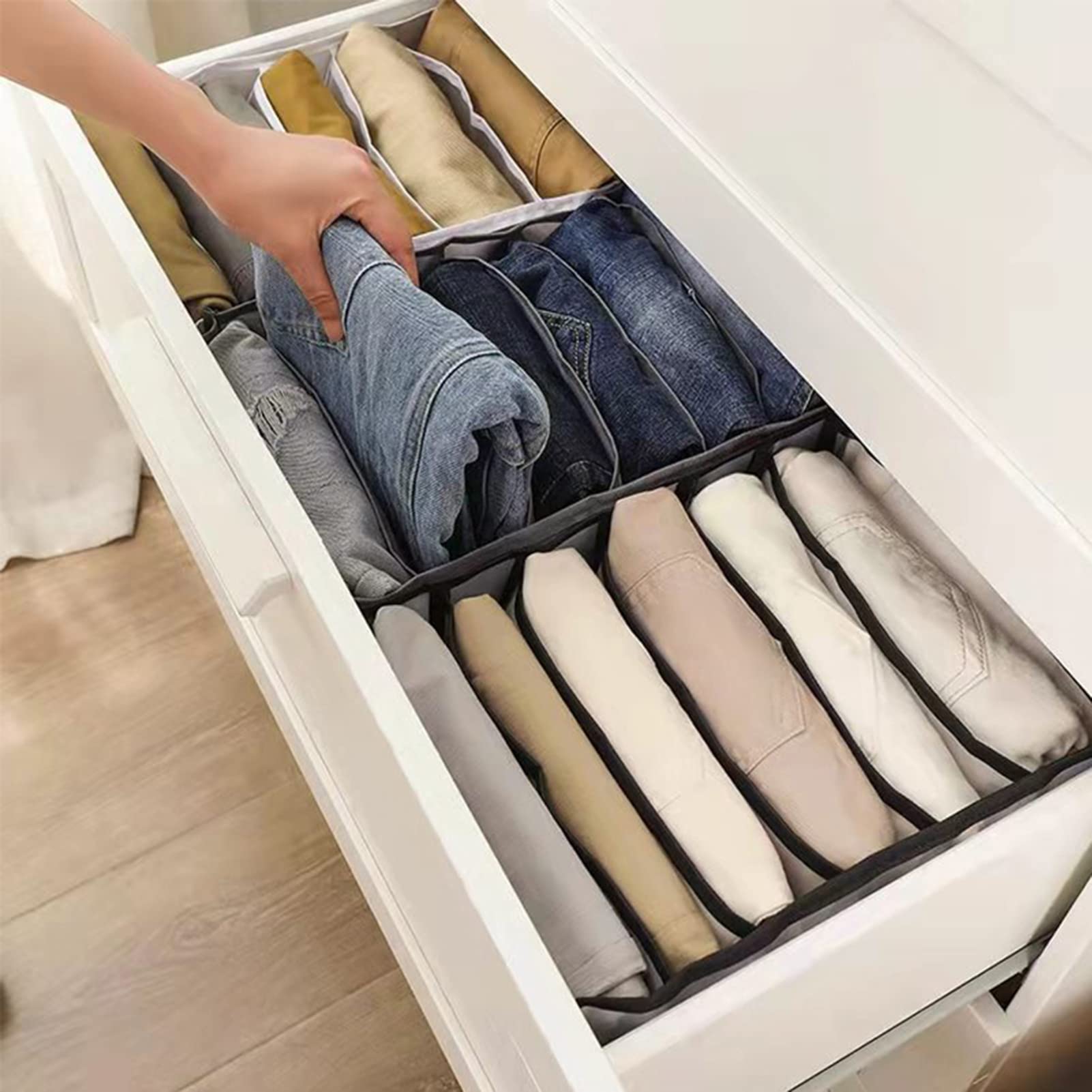 YH&GS 2PCS Wardrobe Clothes Organizer For Folded Clothes Pants,T-Shirt, Skirt, Underwear, Leggings, Kid Jeans Drawers Closet Mesh Storage Stackable 7 Grid Washable, Grey