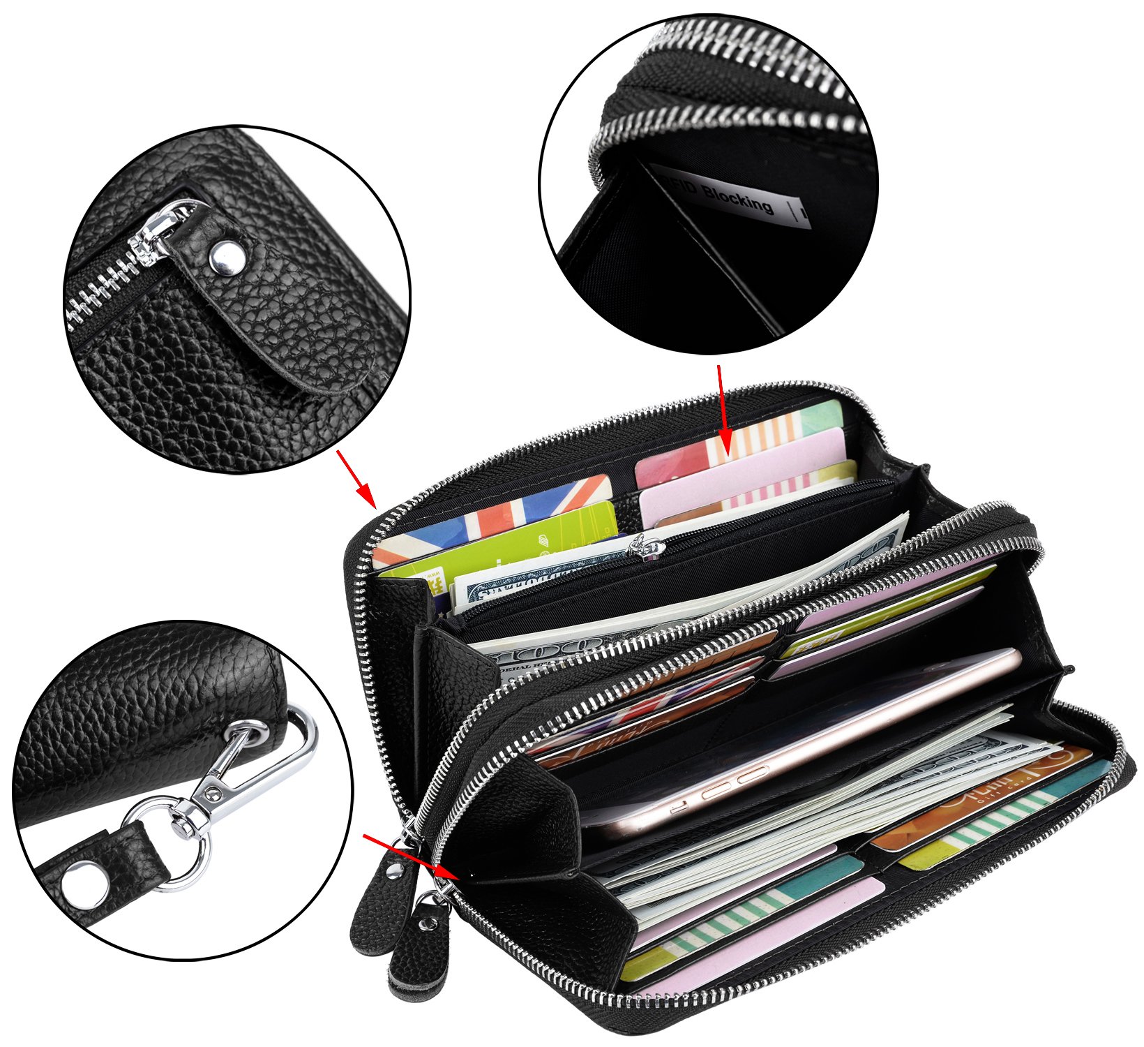 YALUXE Women's Double Zipper Leather Wristlet Wallet Cell Phone Purse Card Holder RFID Blocking