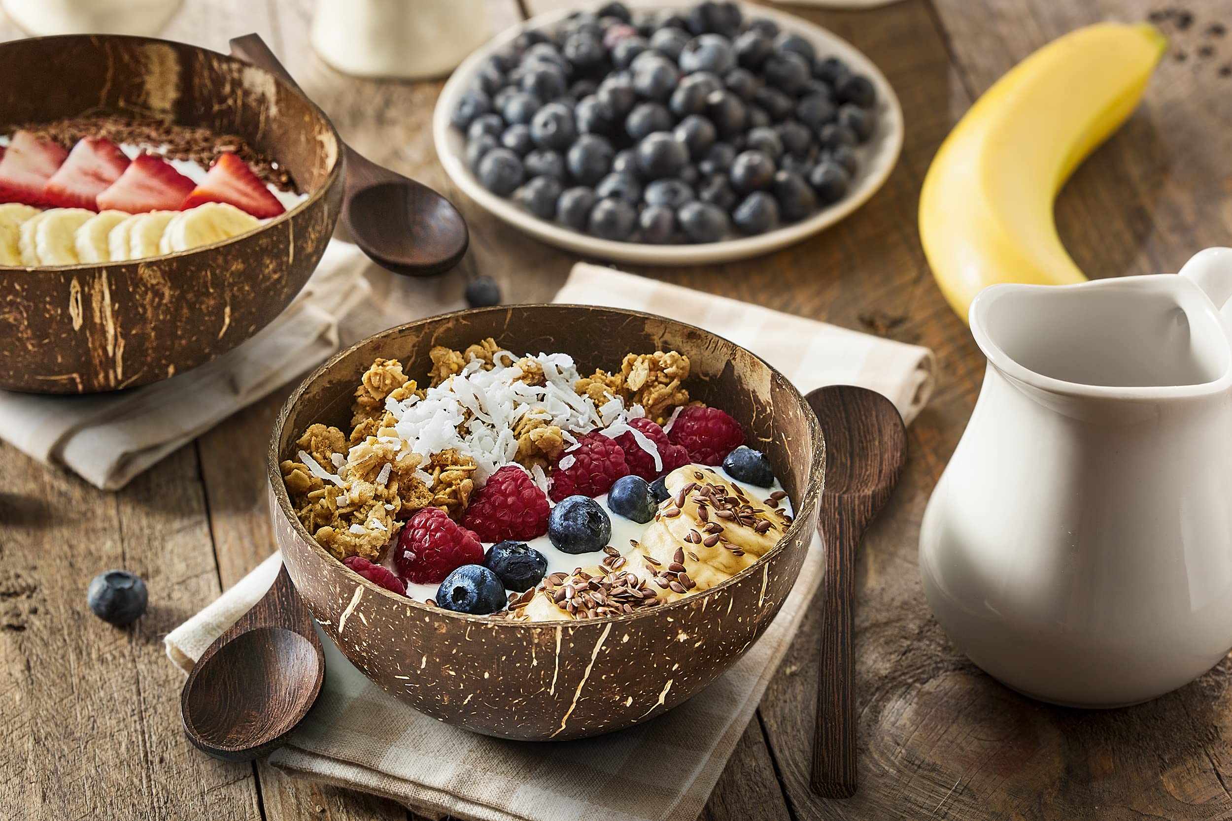 Coconut Bowls and Coconut Spoons Gift Set (Set of 4 Coconut Bowls + 4 Wooden Spoons) - 100% Natural - Vegan - Hand Made - Eco Friendly - Made from Reclaimed Coconut Shells - Bowls For Eating