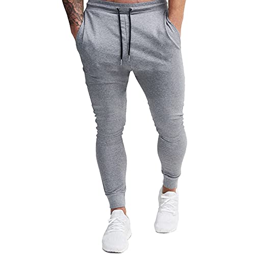 BUXKR Men's Slim Joggers Workout Pants for Gym Running and Bodybuilding Athletic Bottom Sweatpants with Deep Pockets,Light Grey,L
