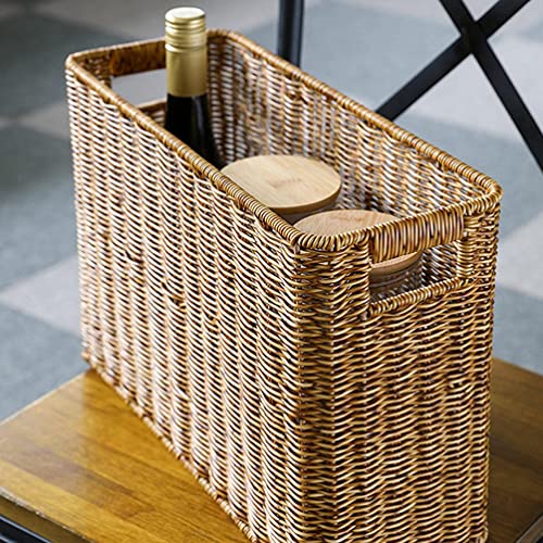 Zerodeko Woven Storage Bin Rattan Woven Basket Rectangular Storage Bin Wicker Basket with Handle Japanese Style Basket Organizer for Magazine Book Newspaper Sundries Rattan Magazine Holder