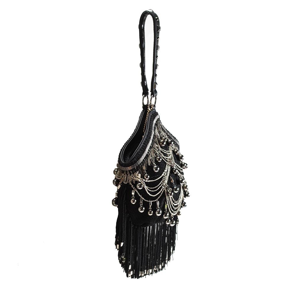 Mary Frances Swag Embellished Leather Wristlet Handbag, Black