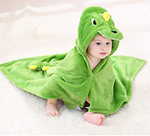 TONWHAR 0-4 Years Toddlers' And Kids' Boys Girls Animal Face Hooded Blanket Baby's Bathrobe,Plush After Bath Blanket (Green Dinosaur)
