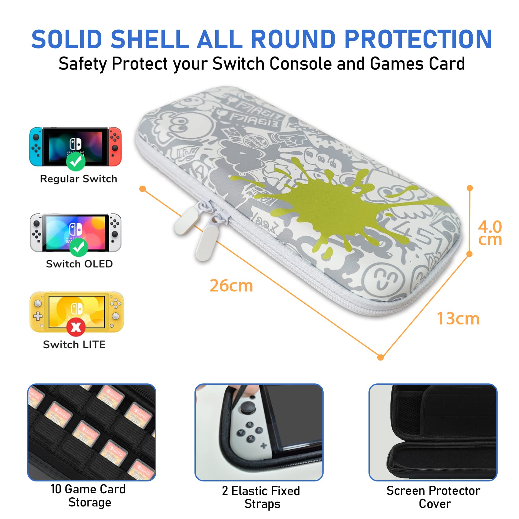 CHIKIXSON Carrying Case Splatoon 3 Compatible with Nintendo Switch & Switch OLED, Switch Accessories with 10 Game Cartridges, Protective Hard Shell Travel Case Pouch for Switch Console, White, Bag