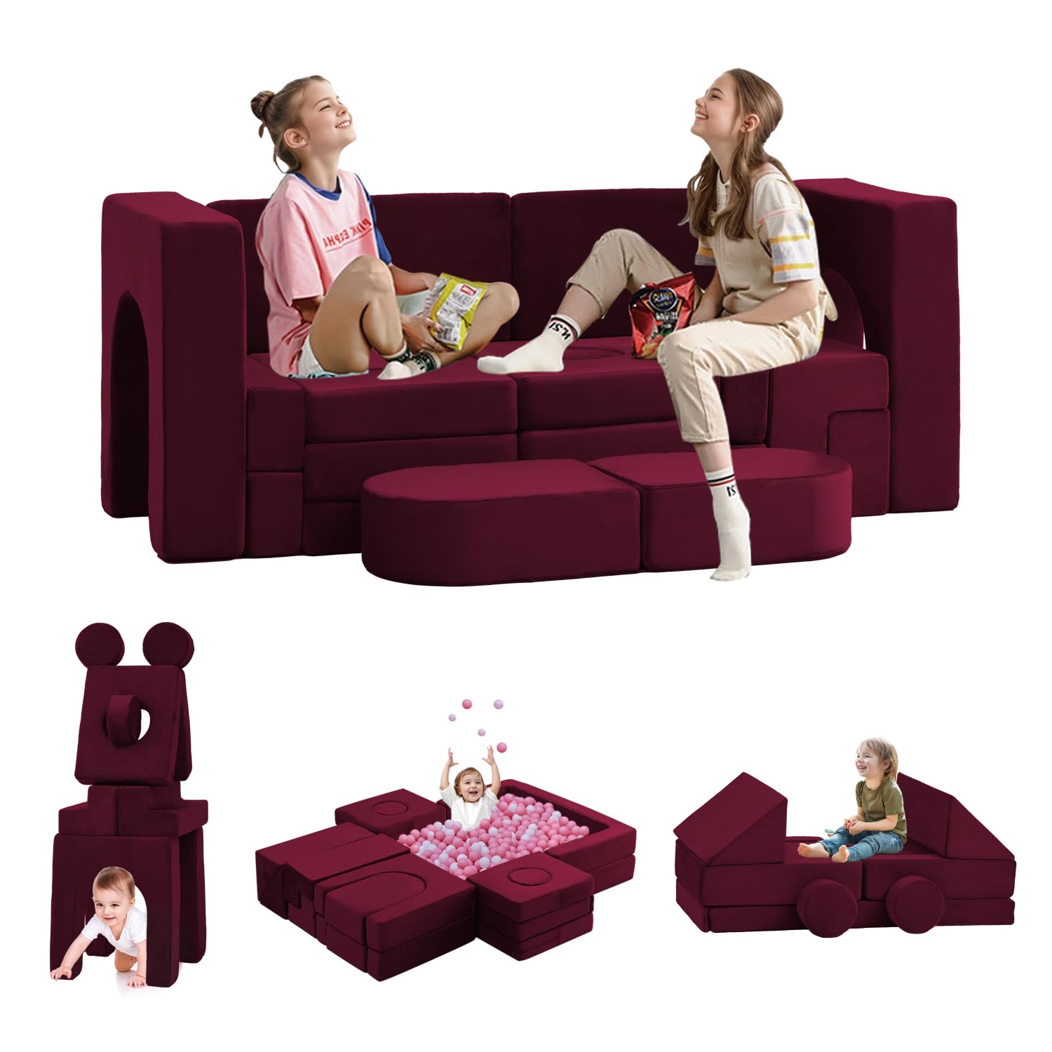 Domiqut 1000+DIY Creativing Playroom Furniture for Toddlers,22Pcs Modular Kids Play Couch, Floor Sofa for Children, Convertible Foam and Floor Cushion for Boys and Girls, Red